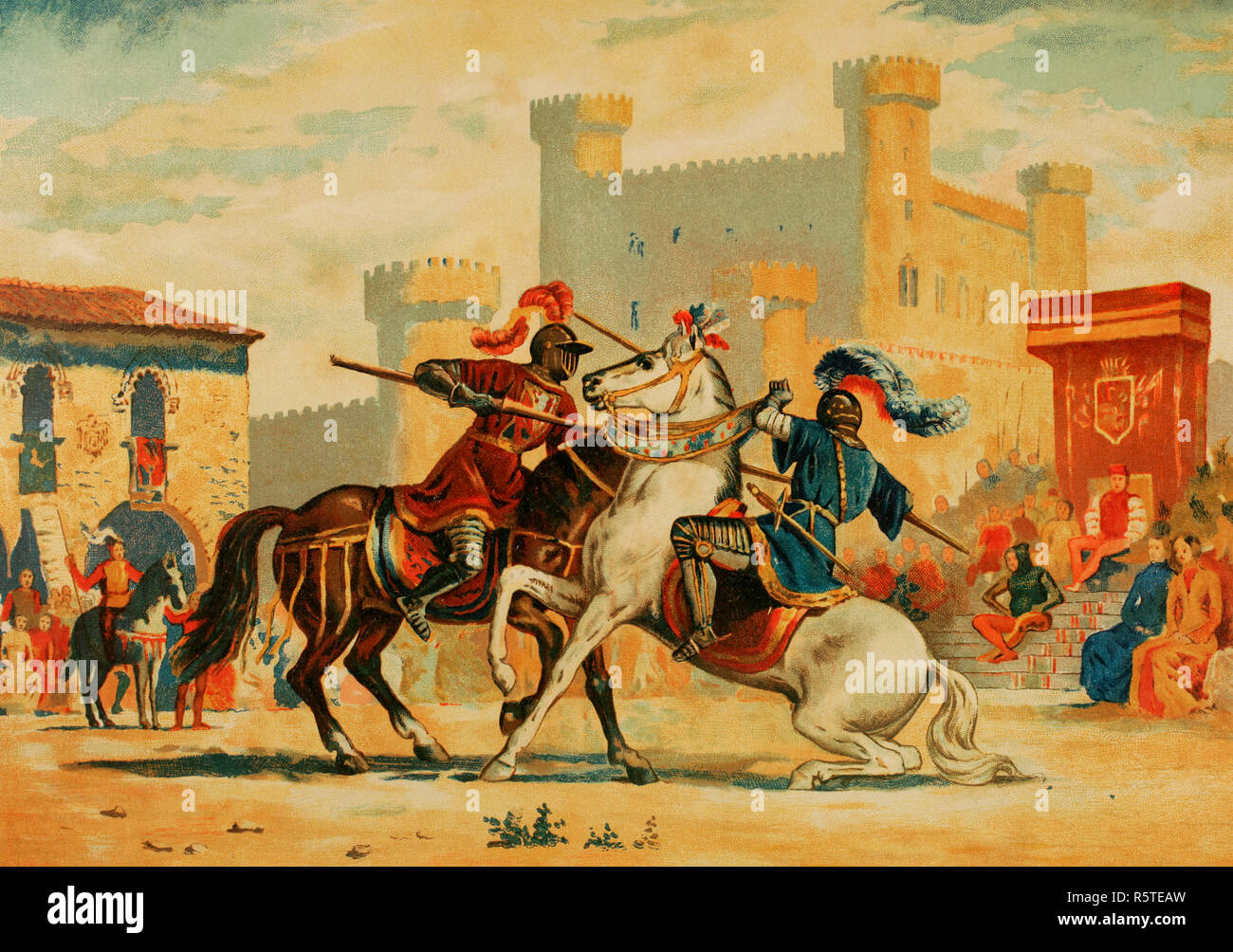European medieval history. Tournament. Two contenders on horseback ...