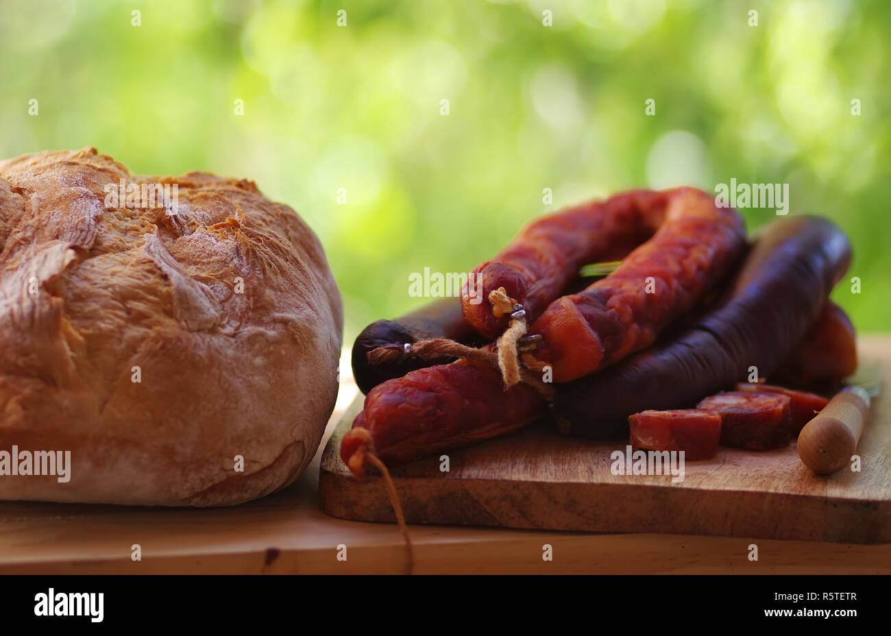 Chorizo Meat and bread om table, manufacture of Portugal Stock Photo ...