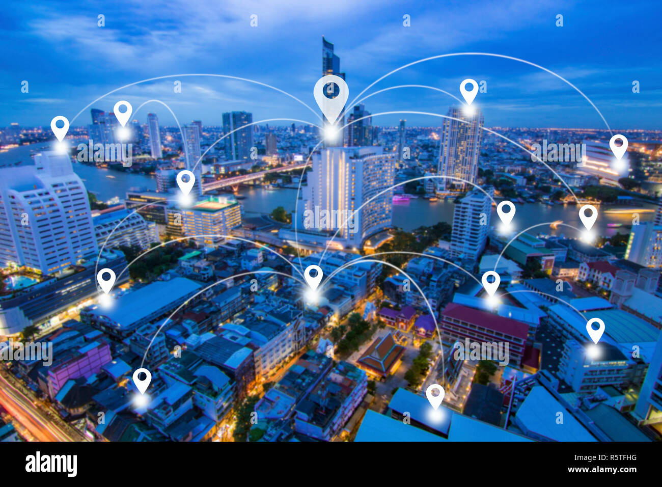 Connection line on night city Stock Photo - Alamy