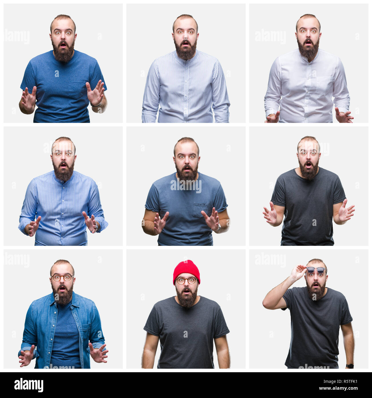 Collage of young man over isolated background afraid and shocked with ...