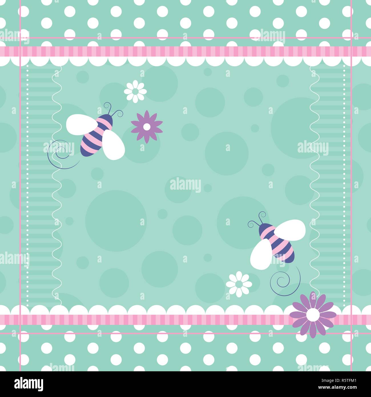 Cute bees border with striped pink and green polka dot frame on green ...