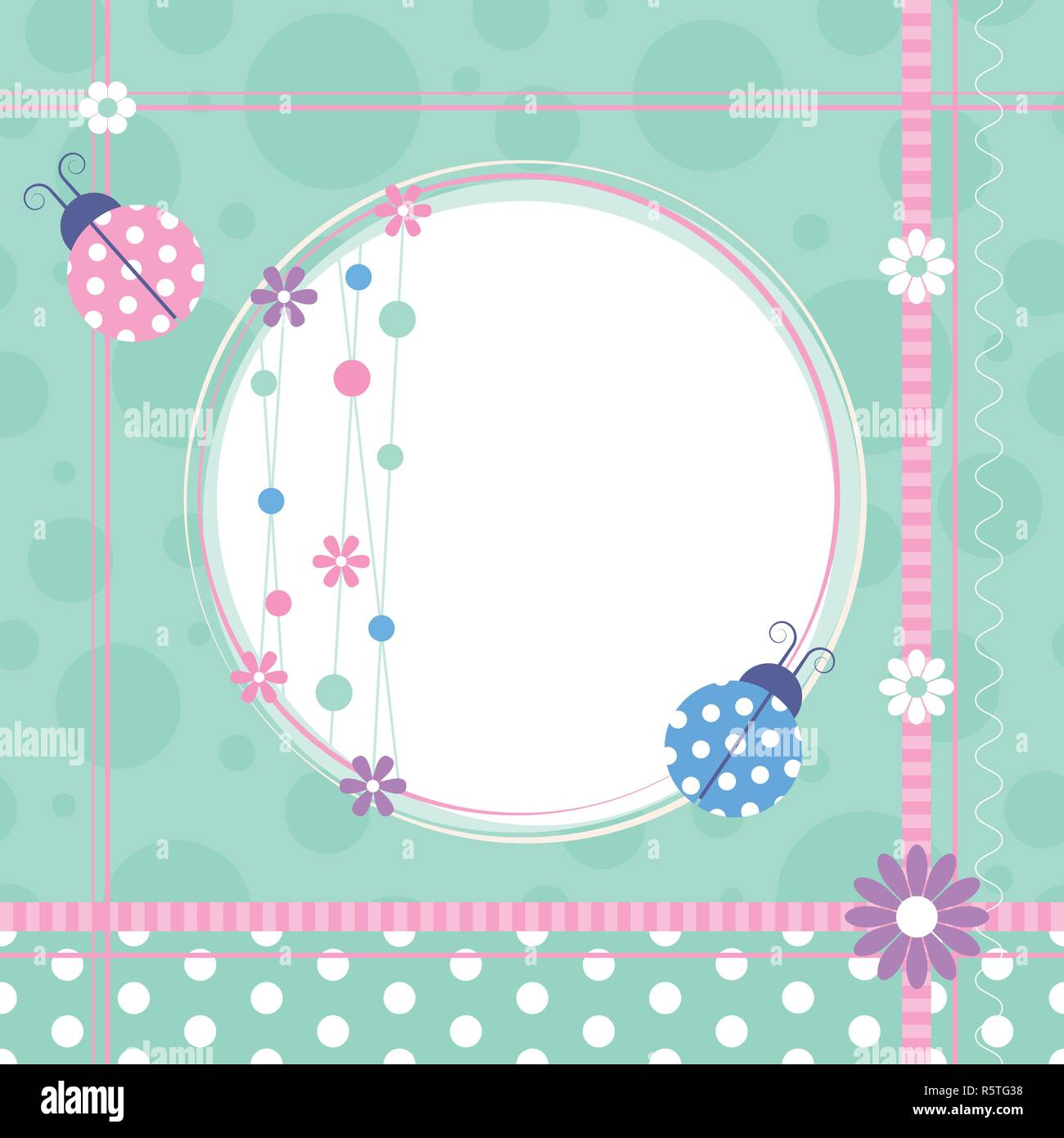 Cute ladybugs border with striped pink and green polka dot frame on ...