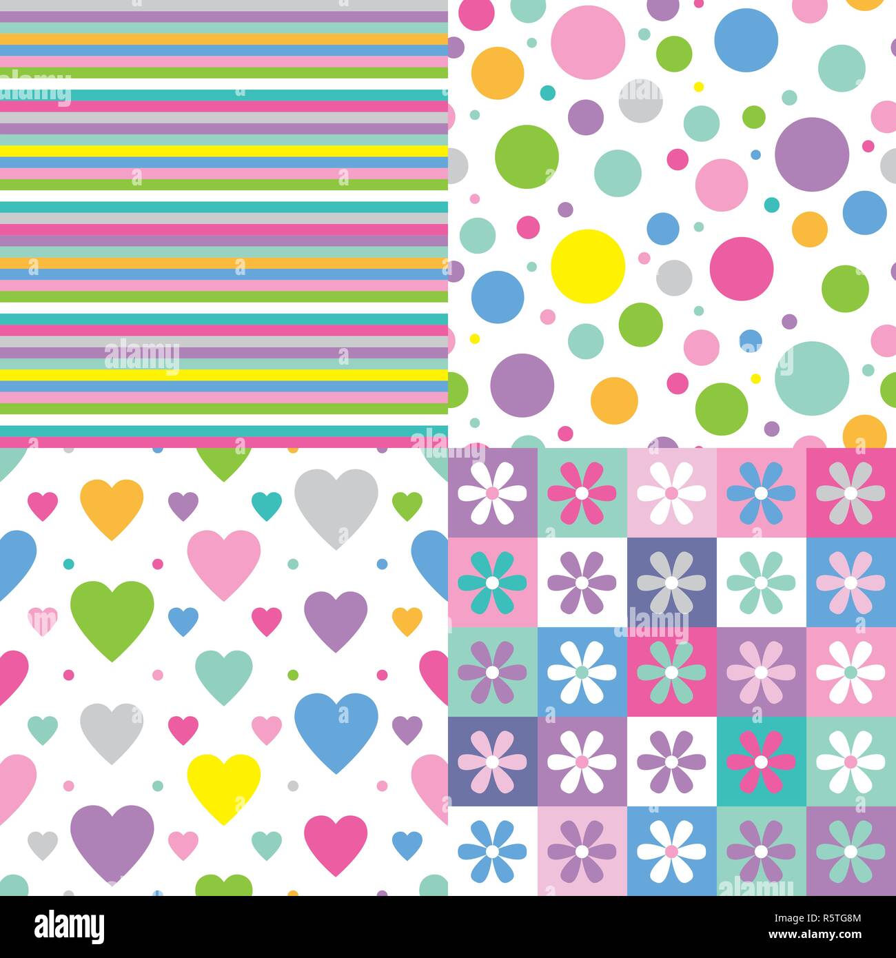 Pink, blue, purple, green, yellow and white stripes, circles, hearts ...