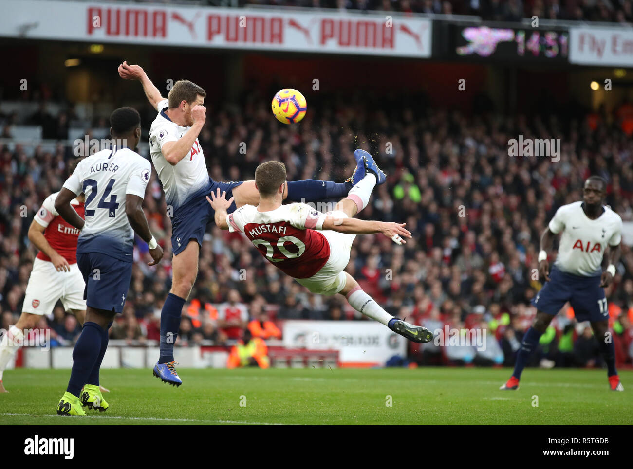 Arsenal's Shkodran Mustafi attempts an overhead kick during the Premier ...