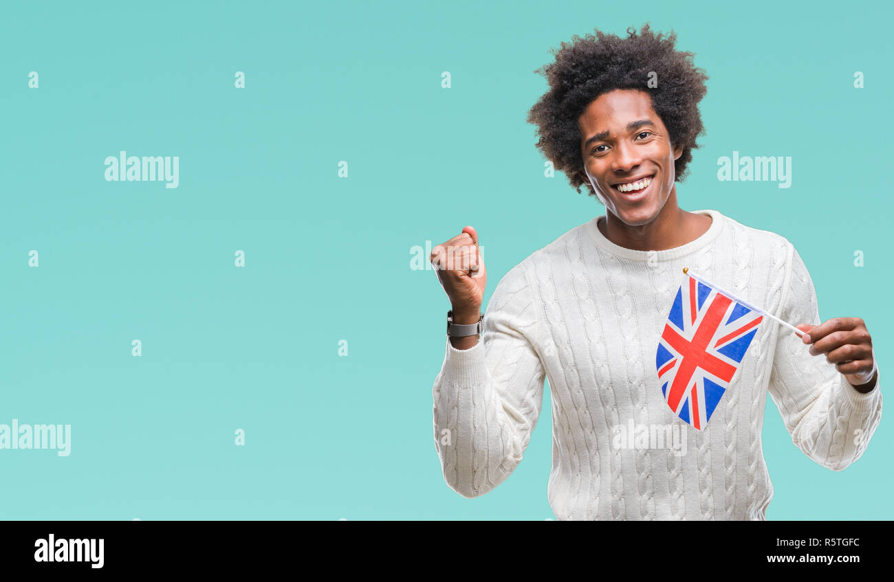 Afro american man flag of United Kingdom over isolated background ...