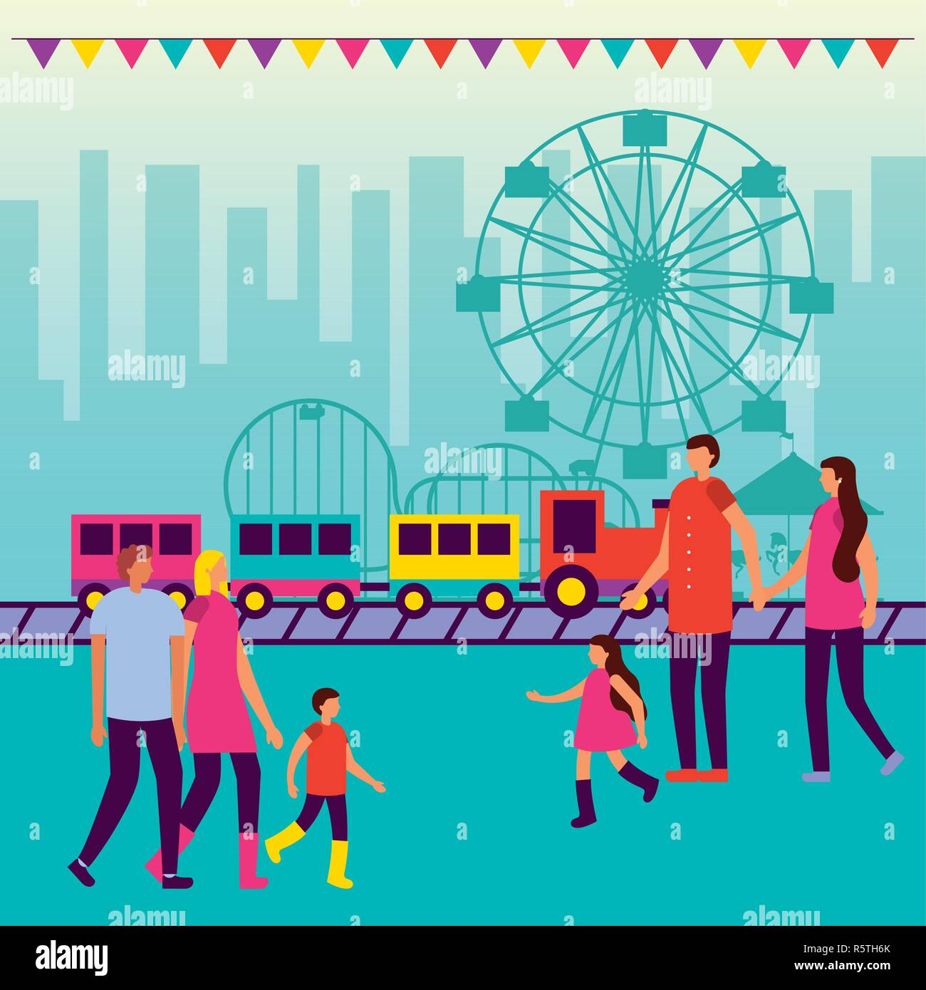circus fair pennants ferris wheel train people enjoy outdoor vector ...