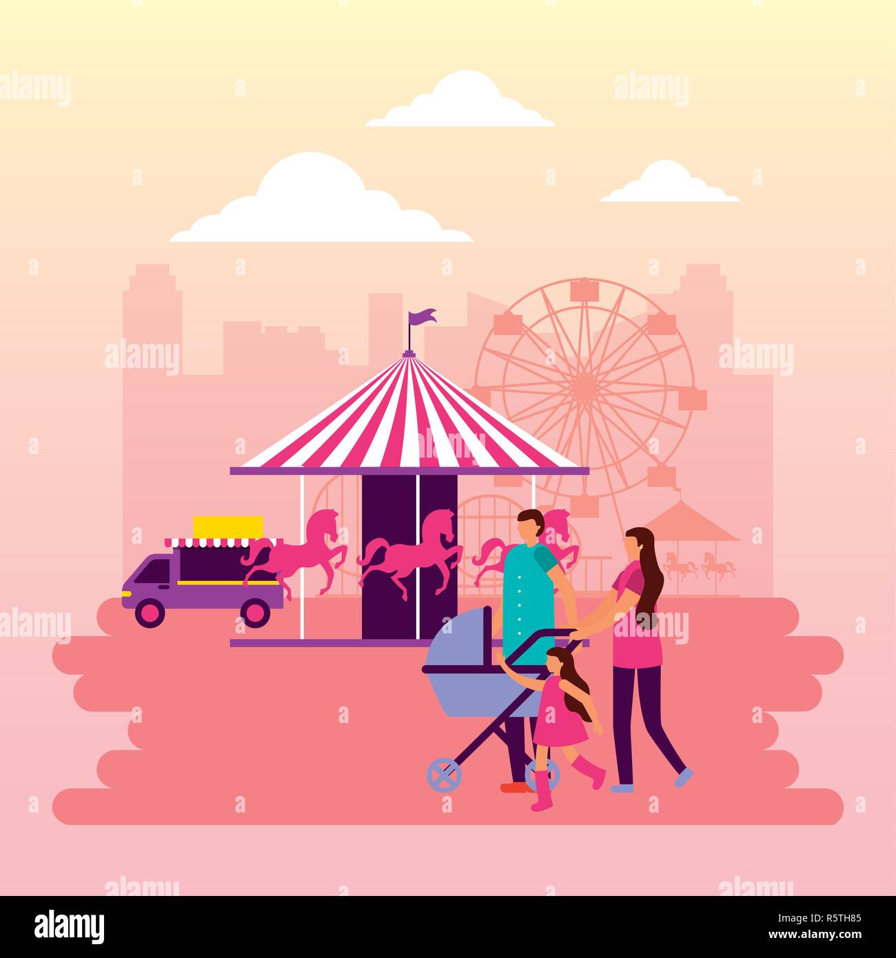 fair carousel food truck family vector illustration Stock Vector Image ...