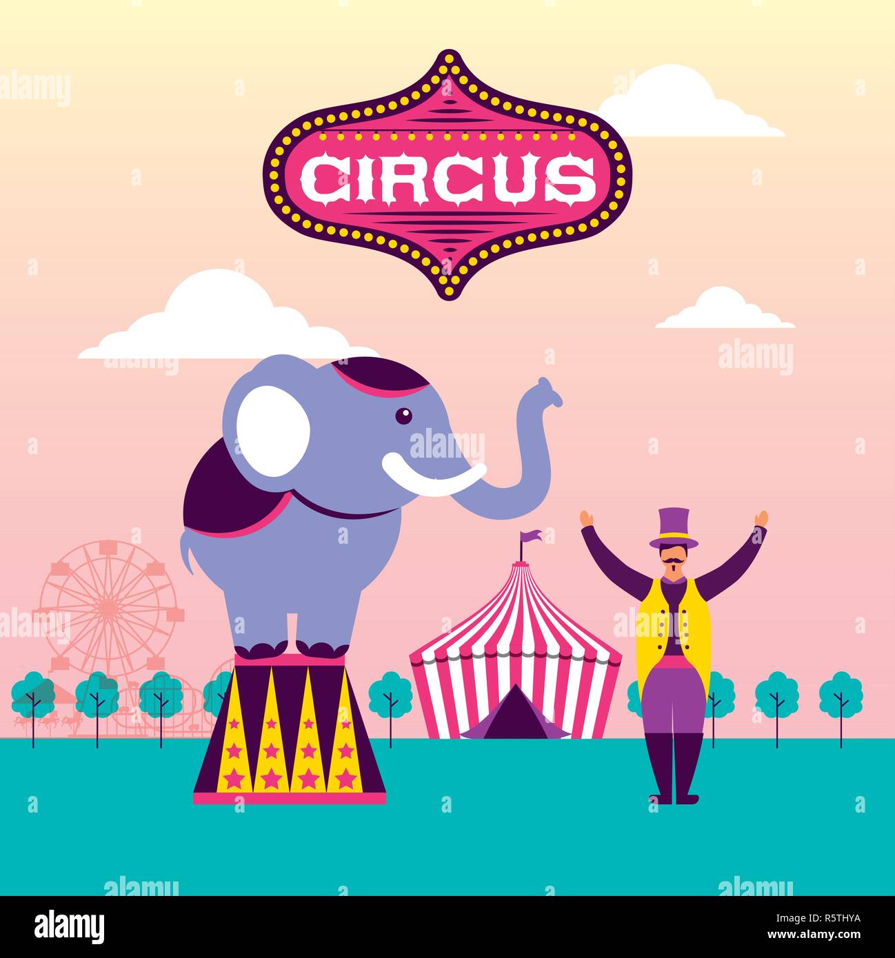 circus elephant acrobat tent ferri wheel vector illustration Stock ...
