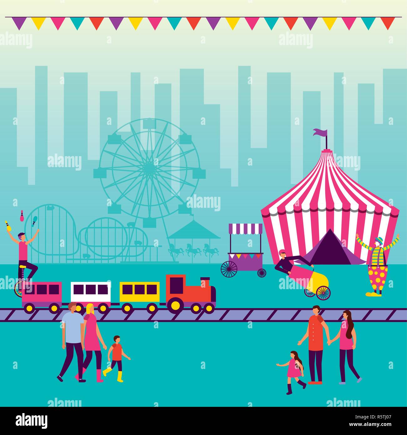 circus fun fair acrobatics pennants city tent train people enjoy vector ...
