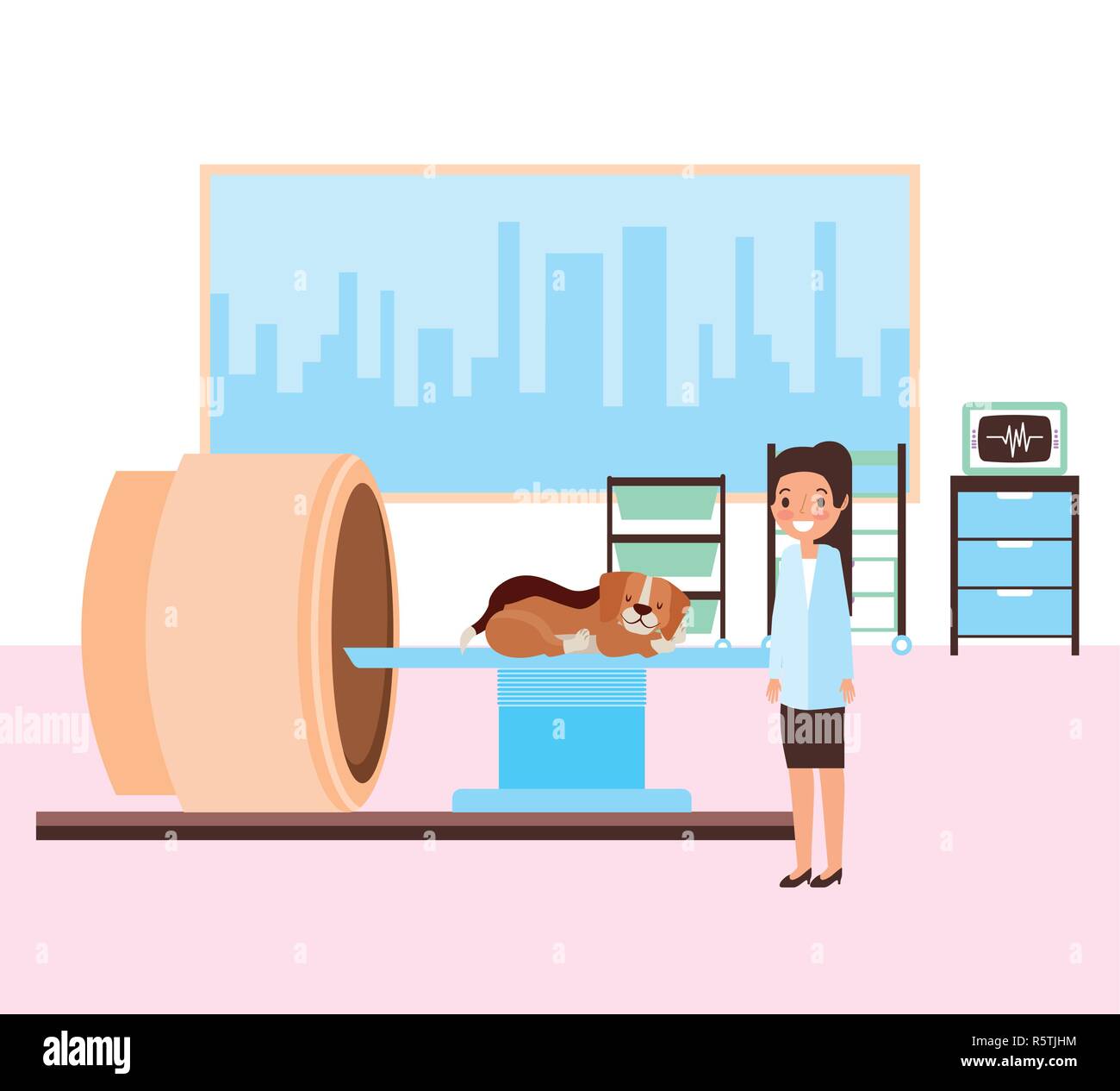 female doctor and dog scanning machine veterinary clinic vector ...