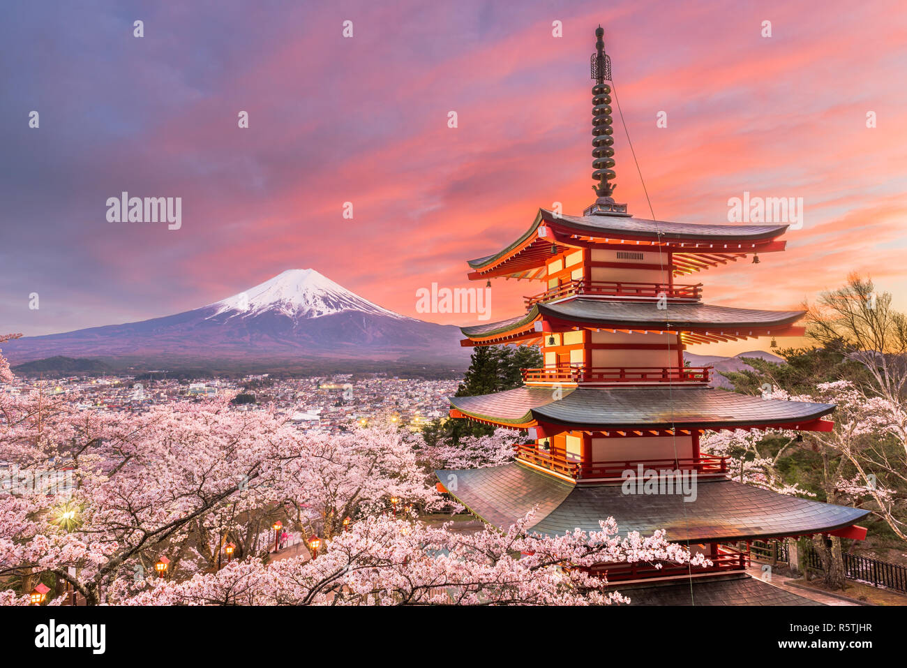 Fujiyoshida, Japan view of Mt. Fuji and pagoda in spring season with ...