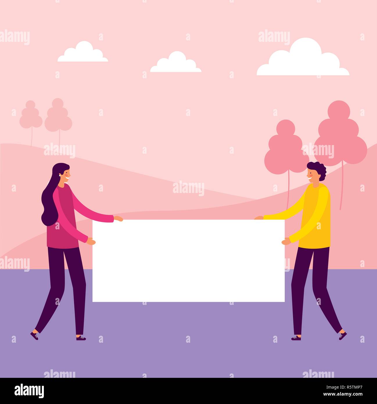 woman and man smiling holding banner park vector illustration Stock ...