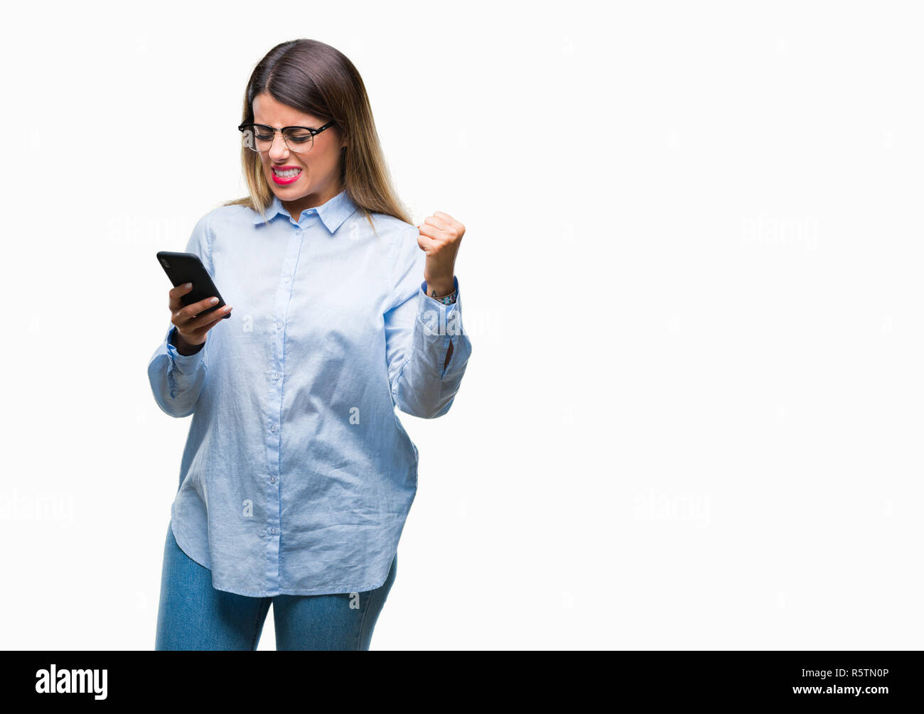 Young beautiful business woman texting message using smartphone over ...