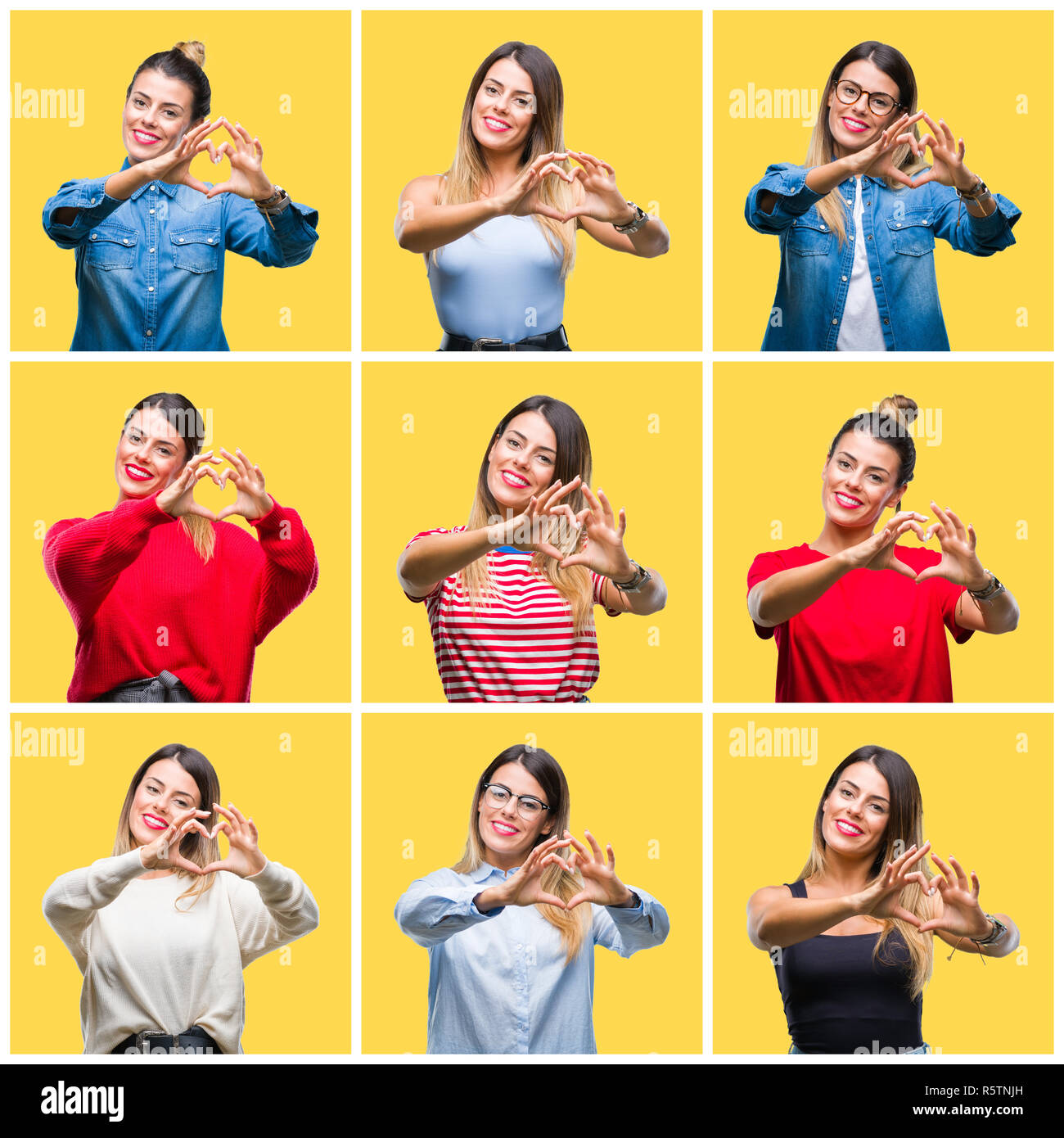 Collage of young beautiful woman over yellow isolated background ...