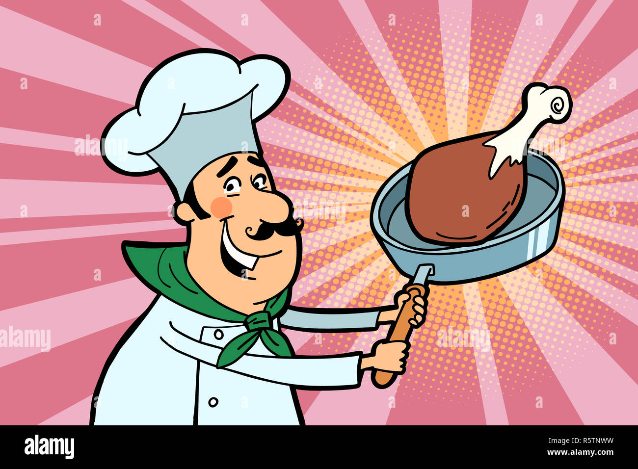 Chef cook character with roasted meat Stock Photo - Alamy