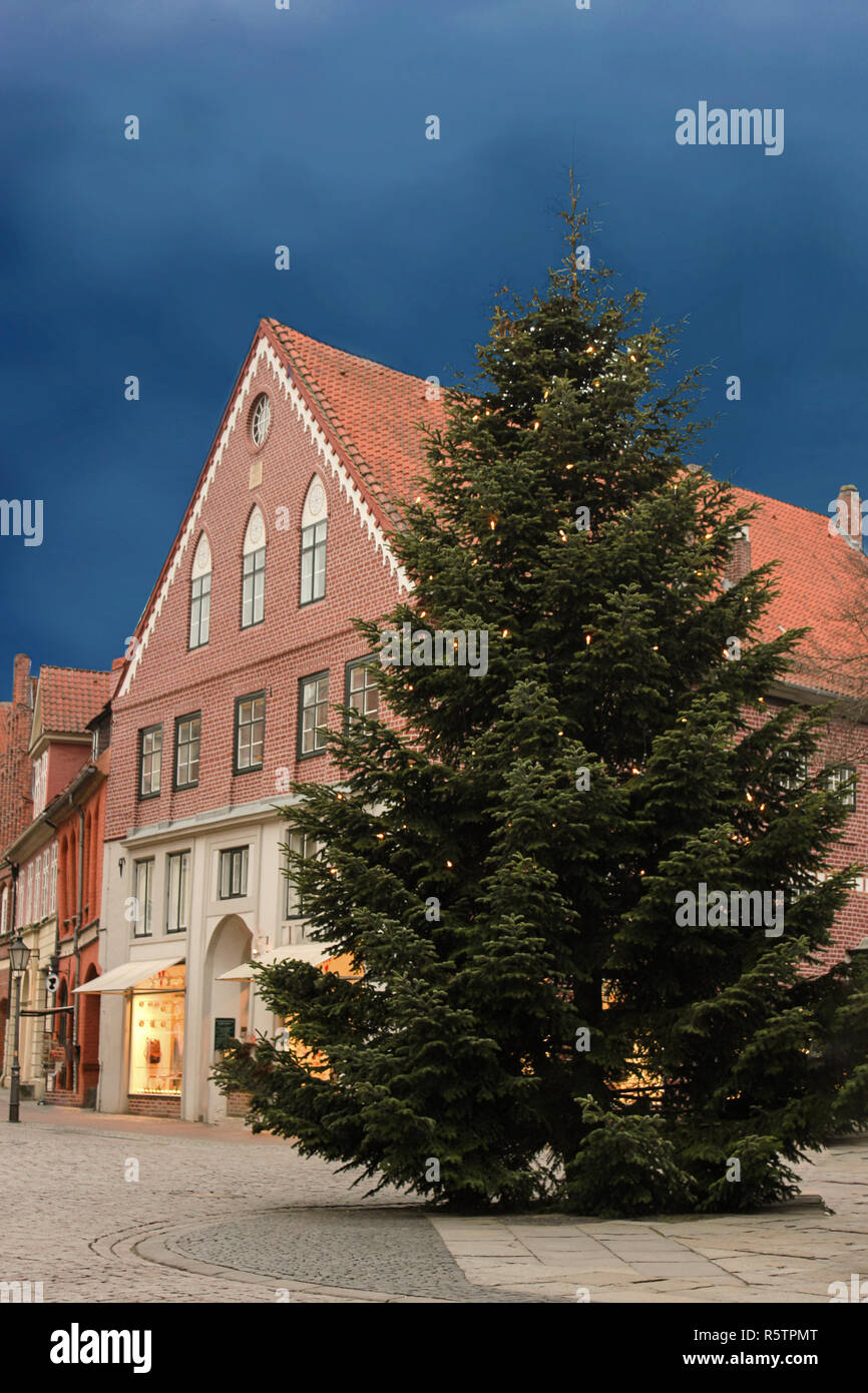 Large Christmas tree in the square of medieval German European town ...
