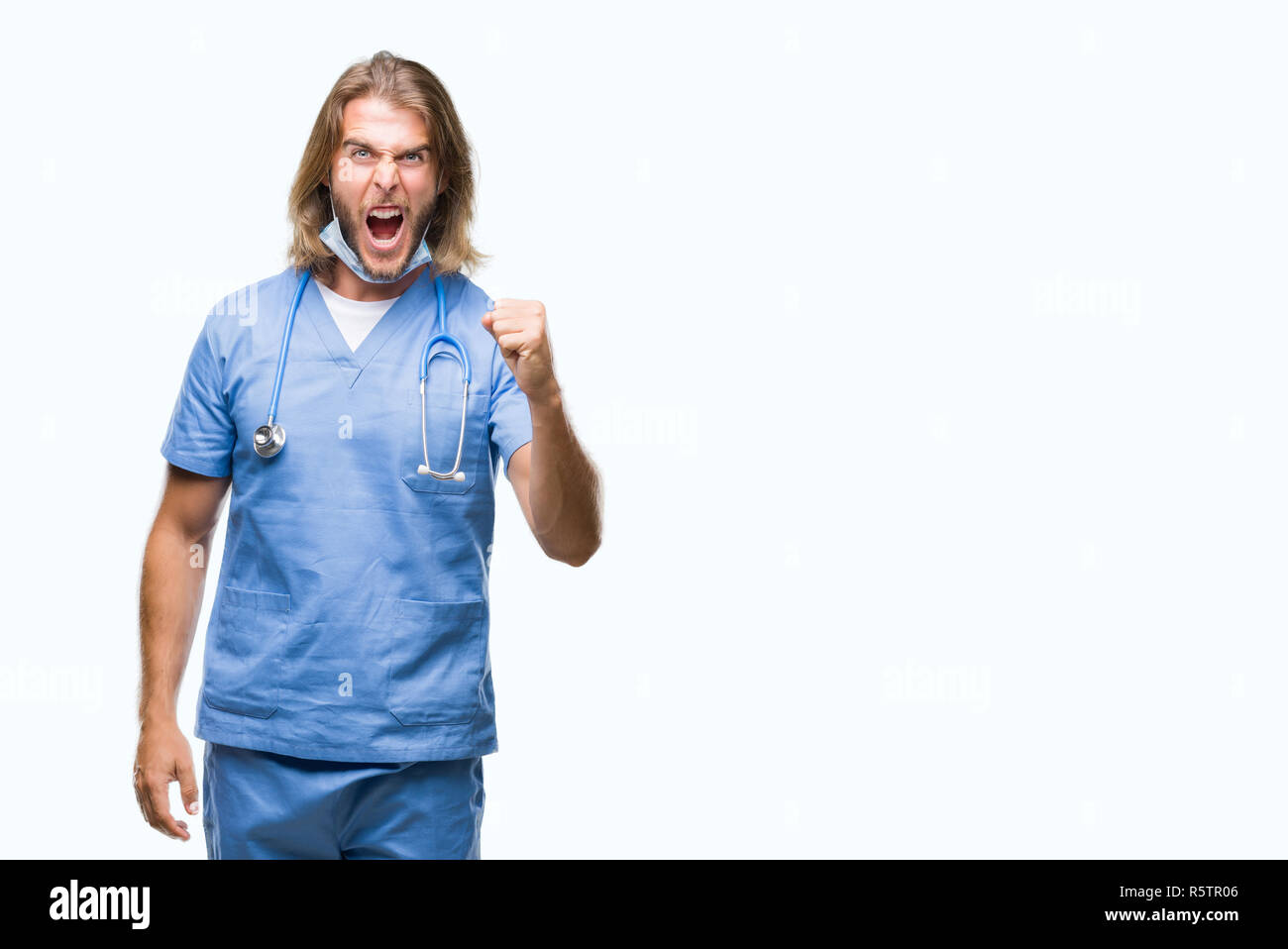 Young handsome doctor man with long hair over isolated background angry ...