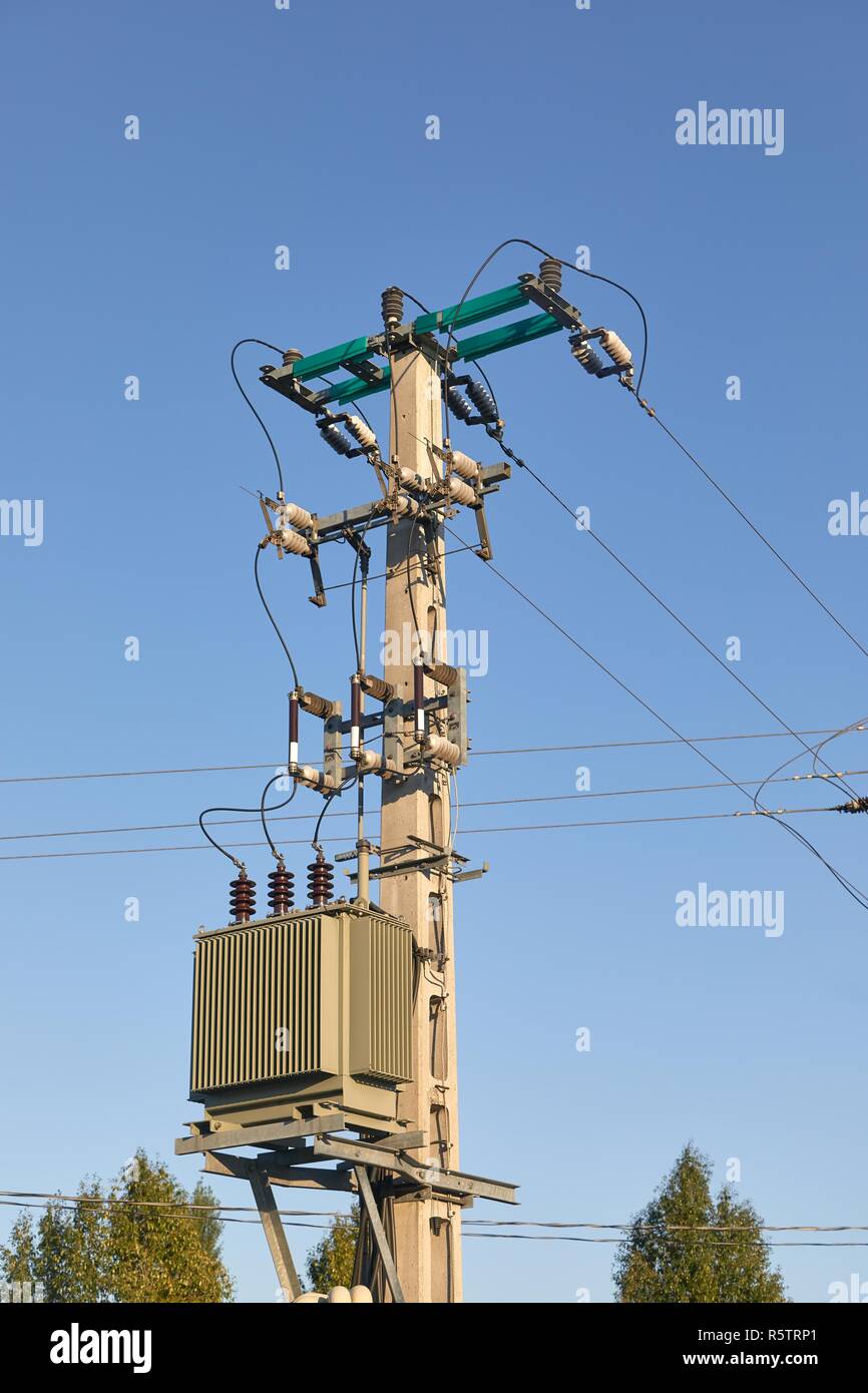 Electric line with transformer Stock Photo - Alamy