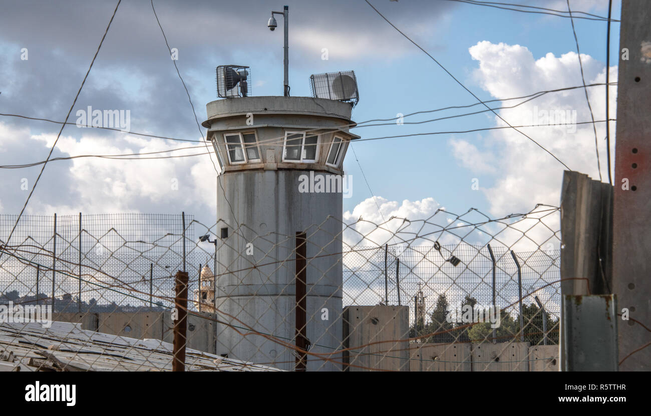 Guard tower and border wall between Palestine and Israel at Bethlehem ...