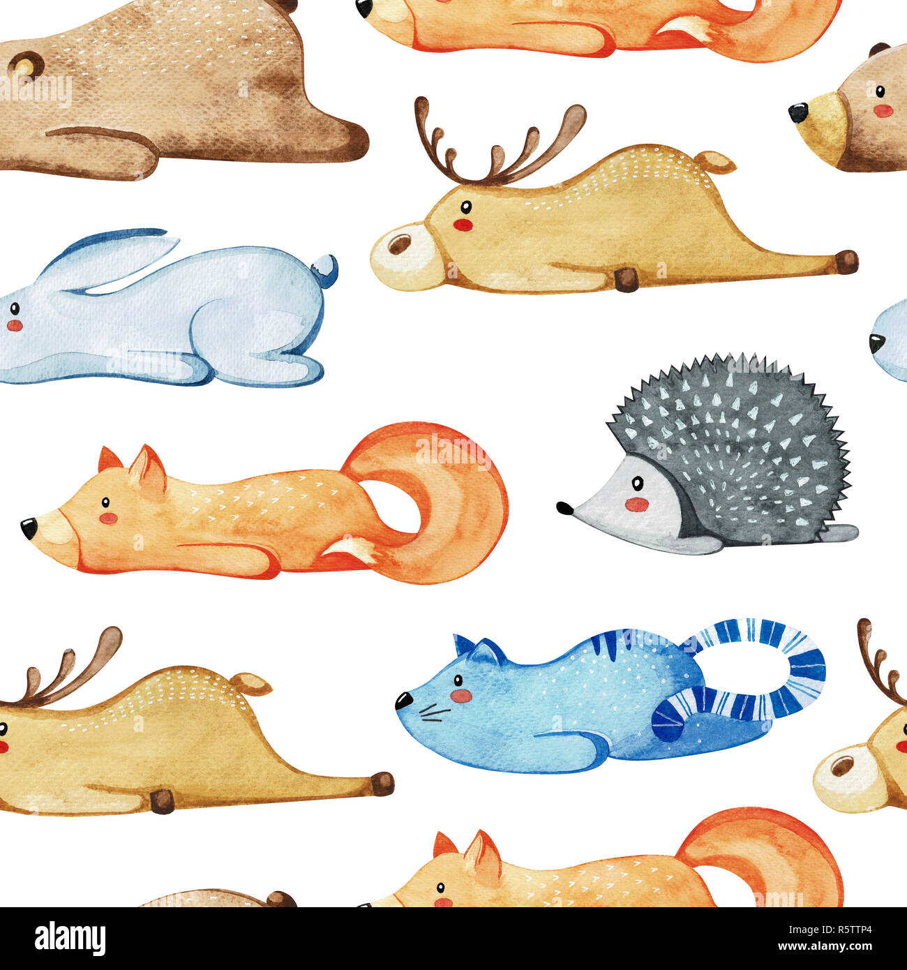Seamless pattern with different cute animals. Lazy animals. Watercolor ...