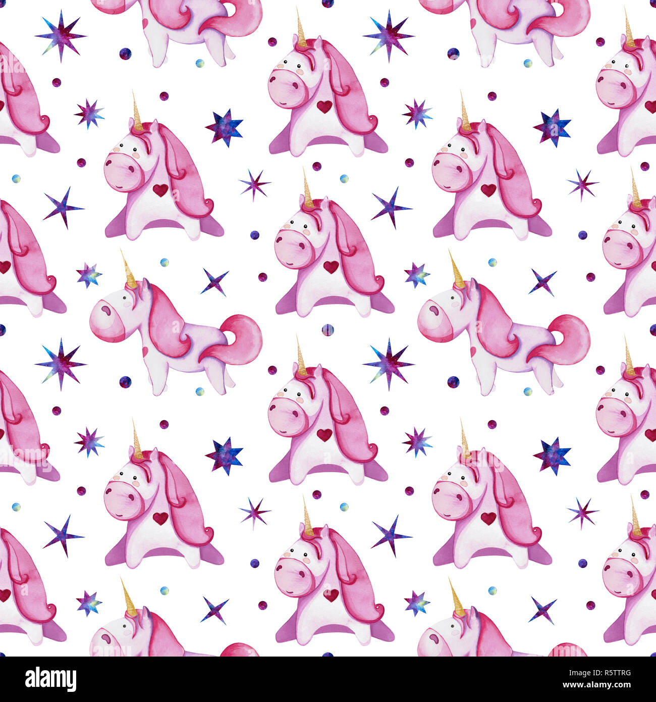 Seamless pattern with pink unicorns. Drawing with watercolor Stock ...