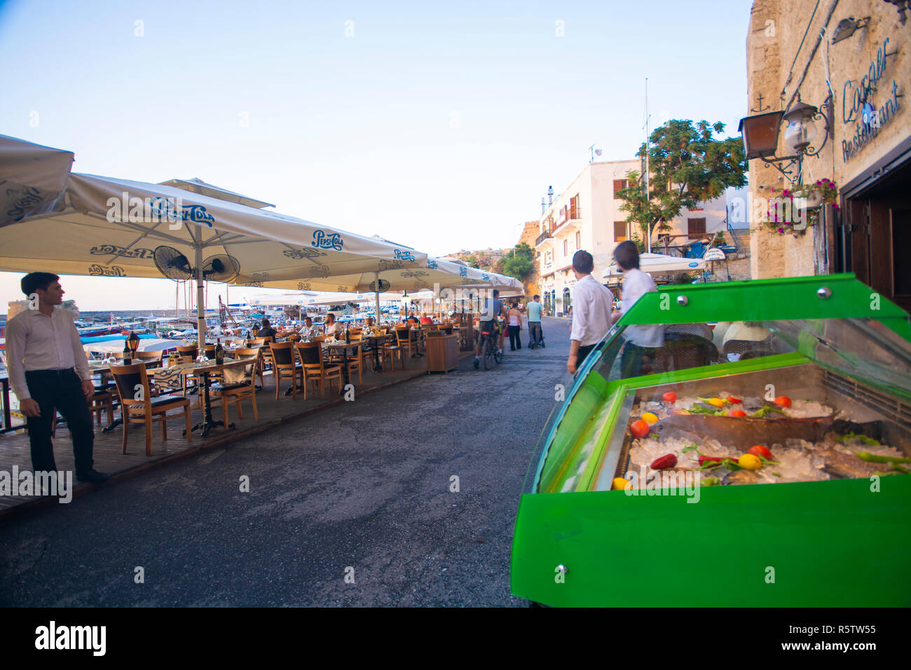 Seafood and fish fridge at pictureque view of Kyrenia harbour in Cyprus ...