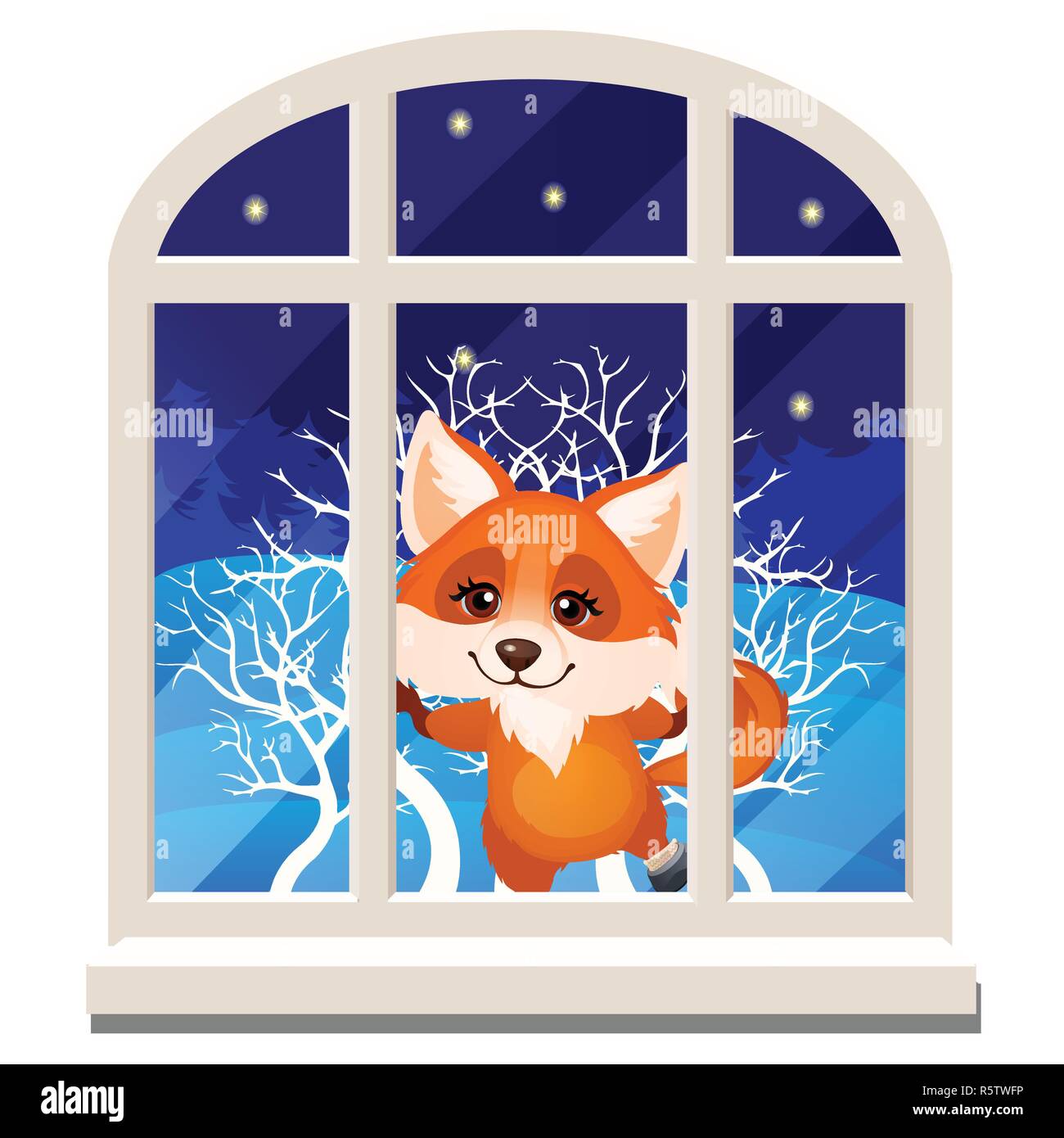 Cute cheerful smiling fox looks out through the window isolated on a ...