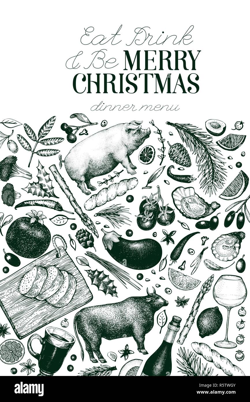 Happy Christmas Dinner design template. Vector hand drawn illustrations ...