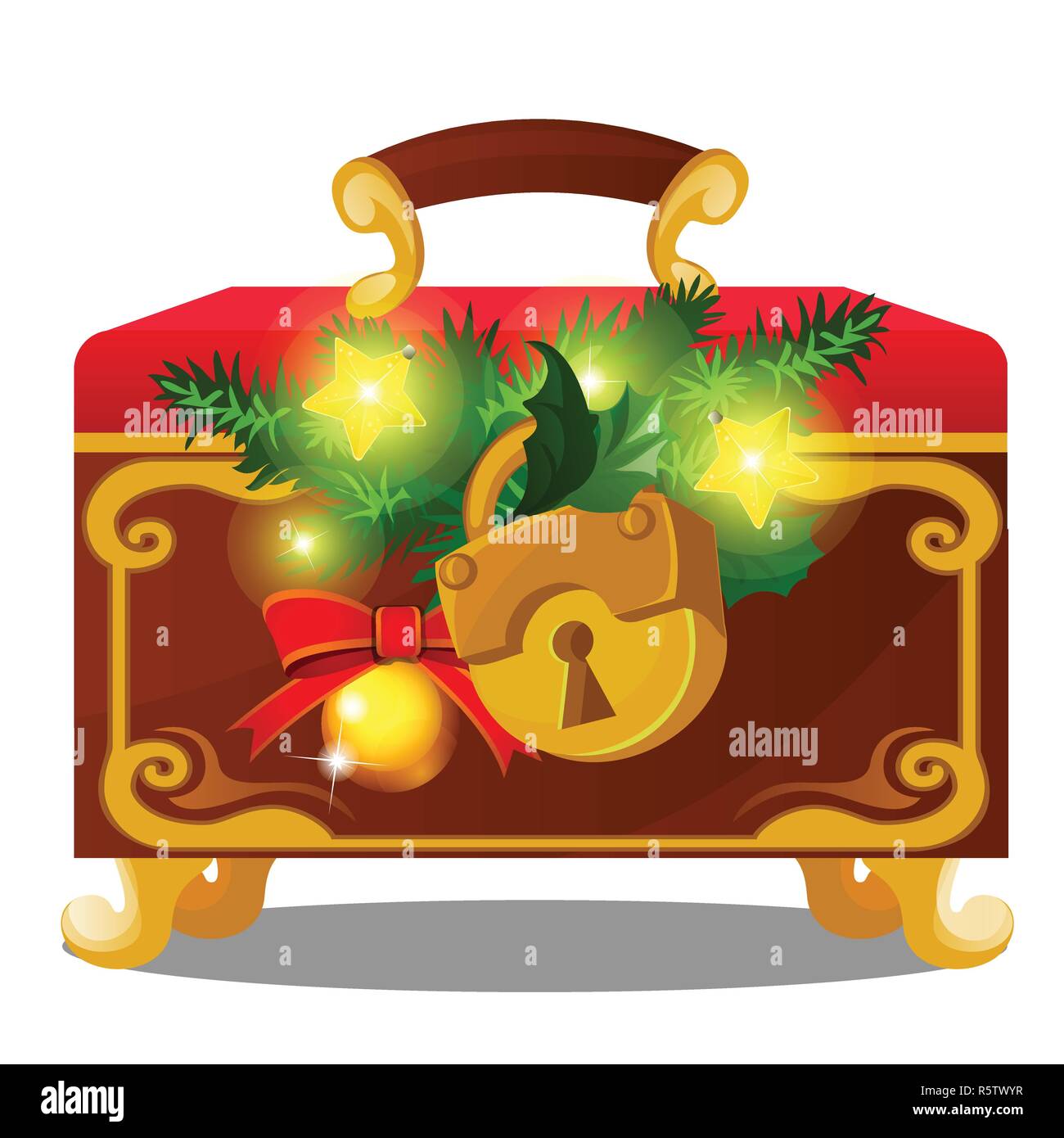 Old chest with padlock decorated with twigs of spruce, golden baubles ...