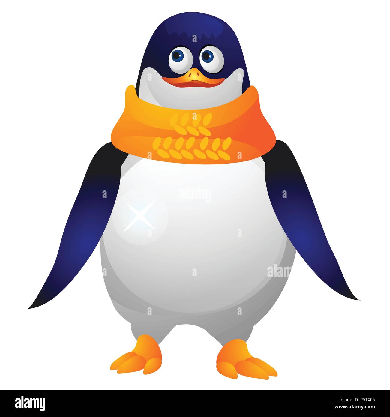 Cute paunchy penguin in a yellow knitted scarf isolated on a white ...
