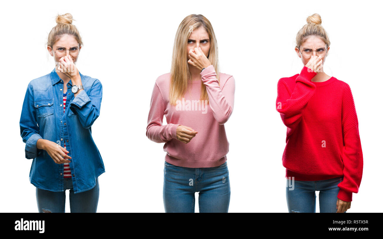Collage of young beautiful blonde woman over isolated background ...