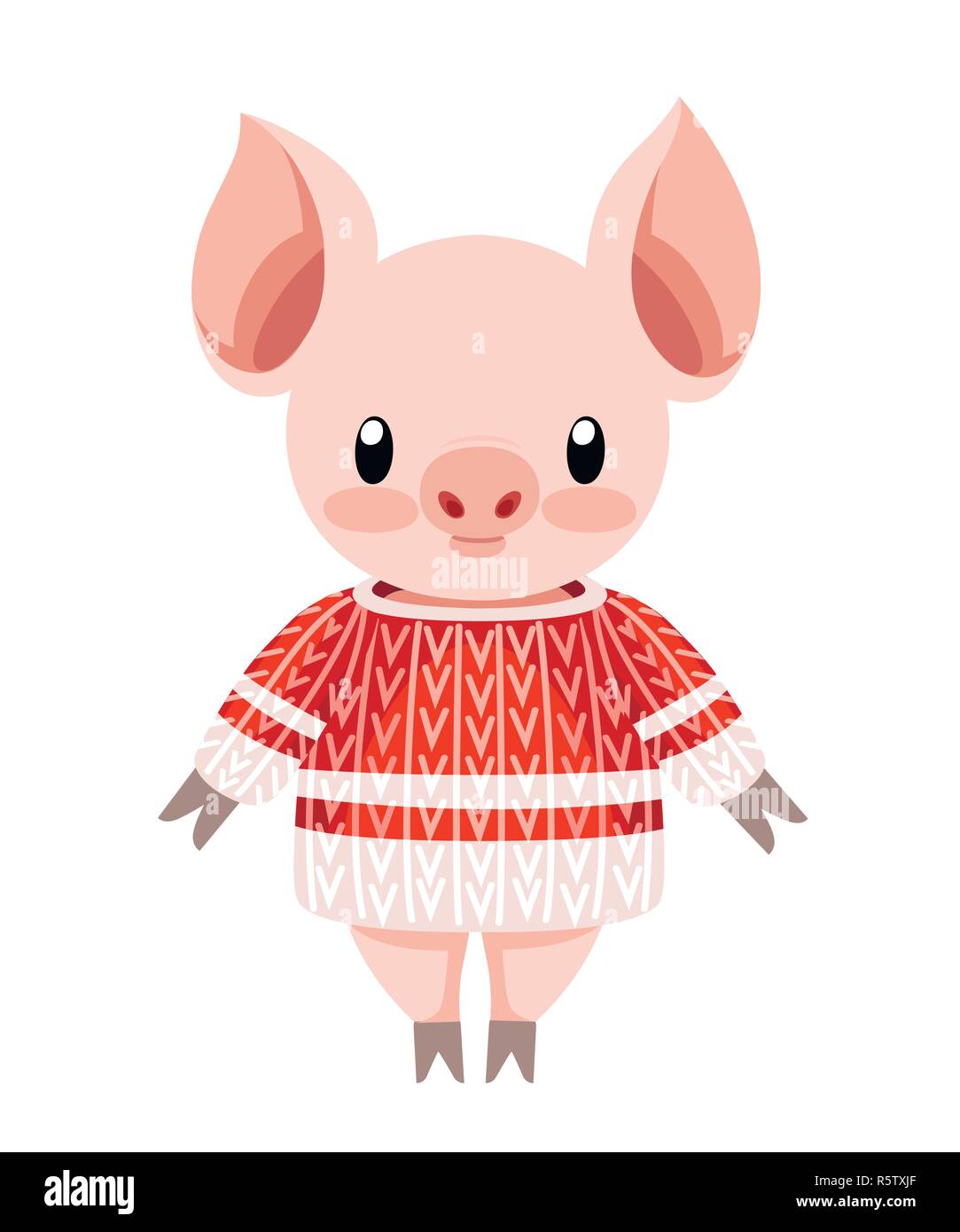 Cute pig. Cartoon character design. Little pit with red knitted sweater ...