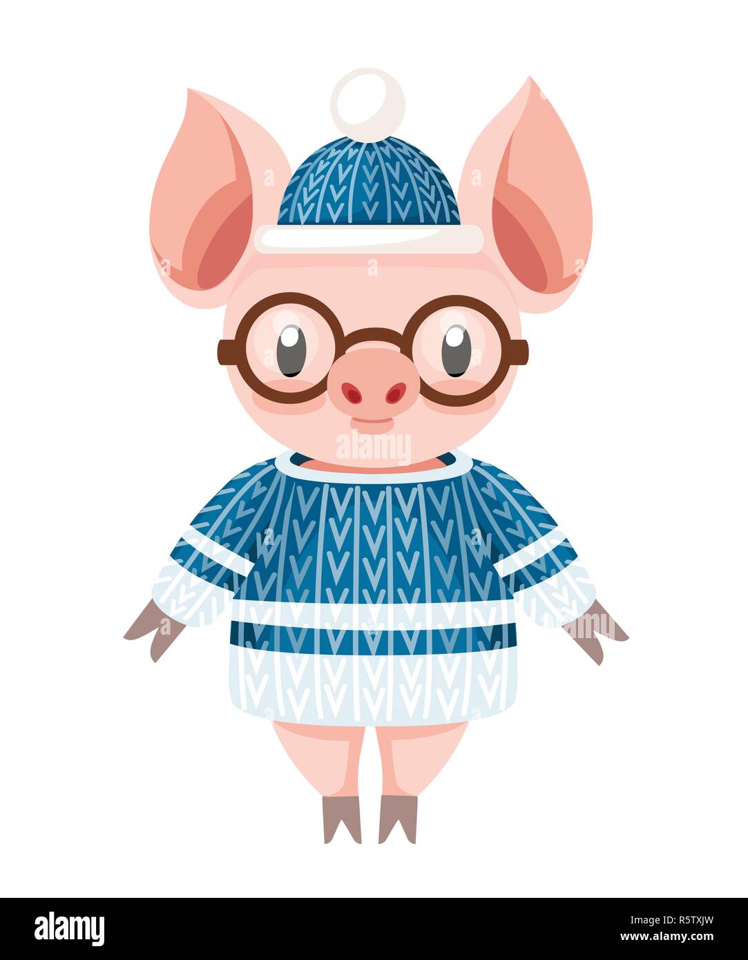 Cute pig. Cartoon character design. Little pit with knitted blue ...