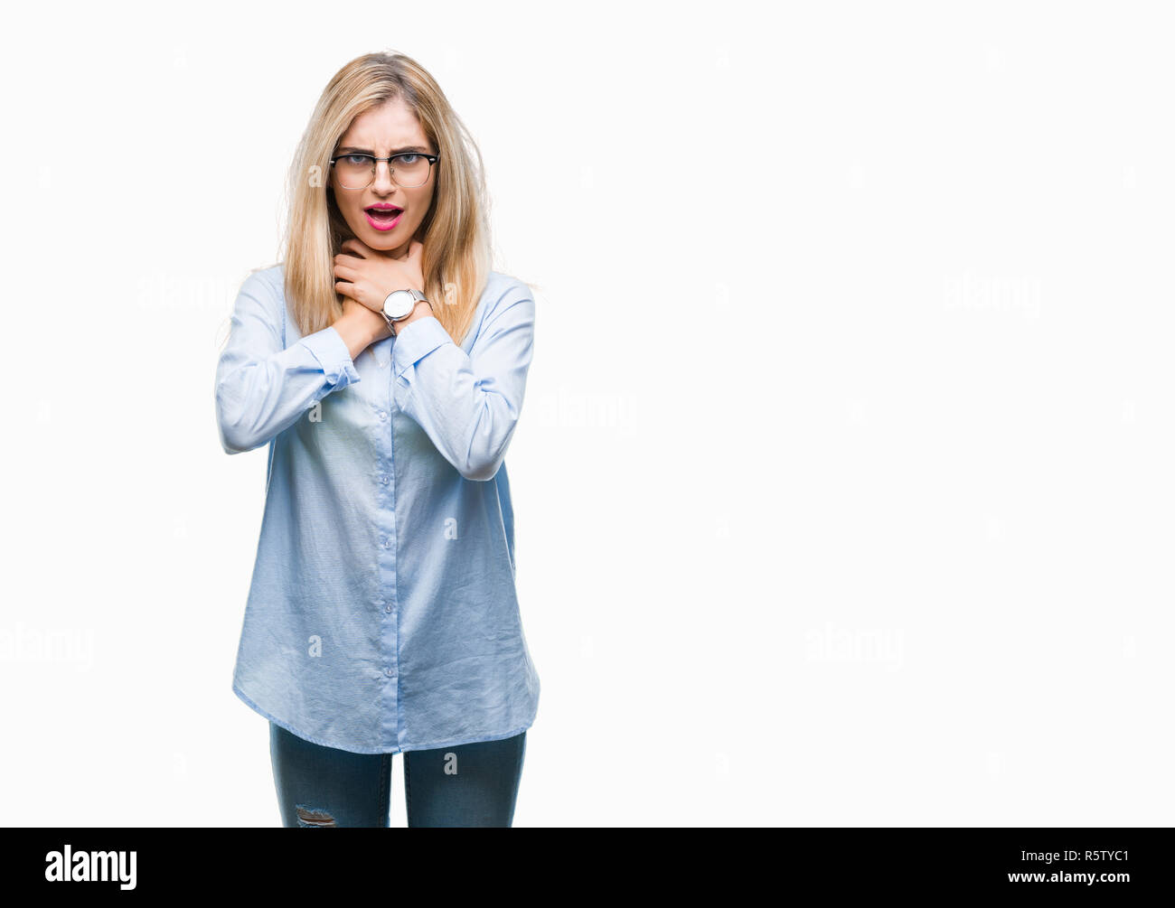 Young beautiful blonde business woman wearing glasses over isolated ...