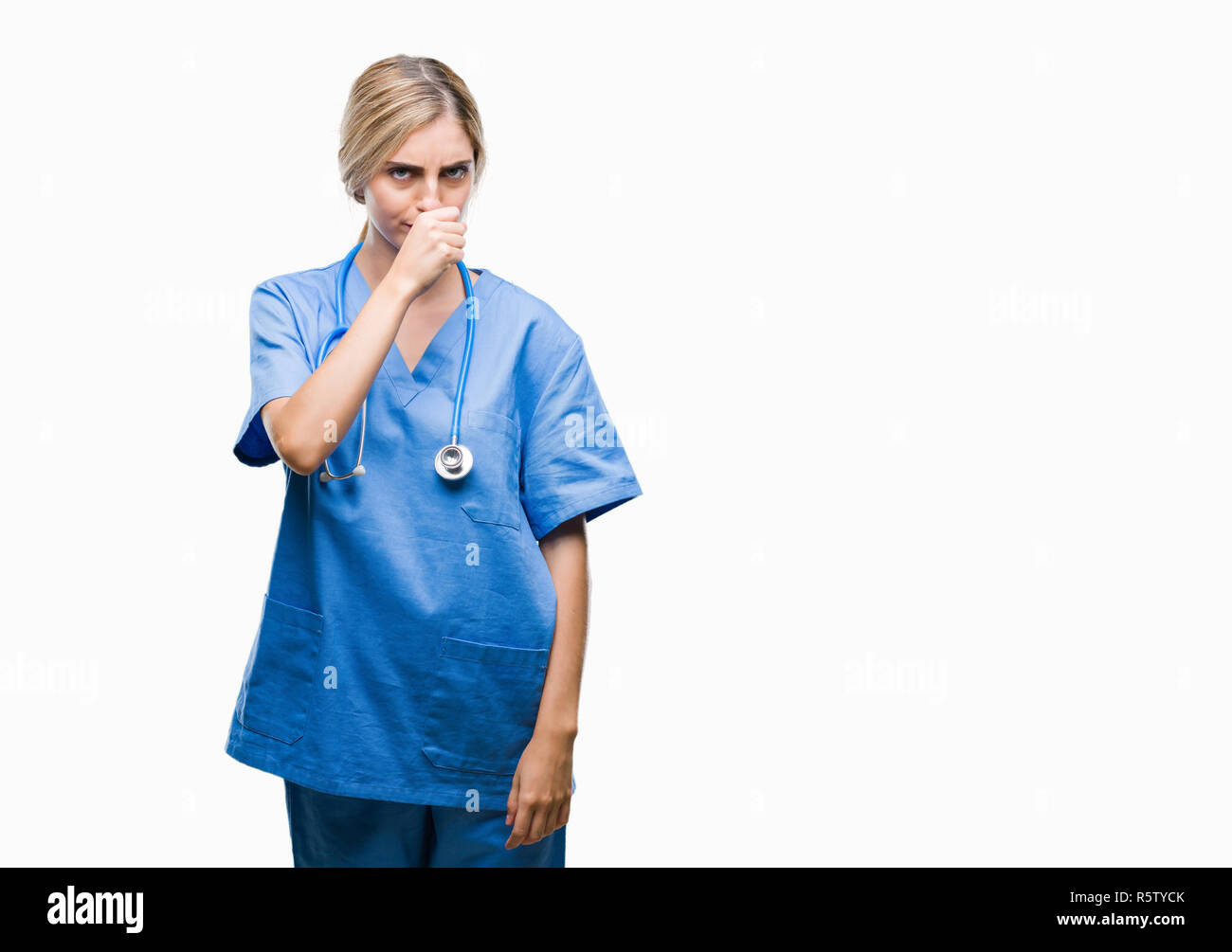 Young beautiful blonde doctor surgeon nurse woman over isolated ...