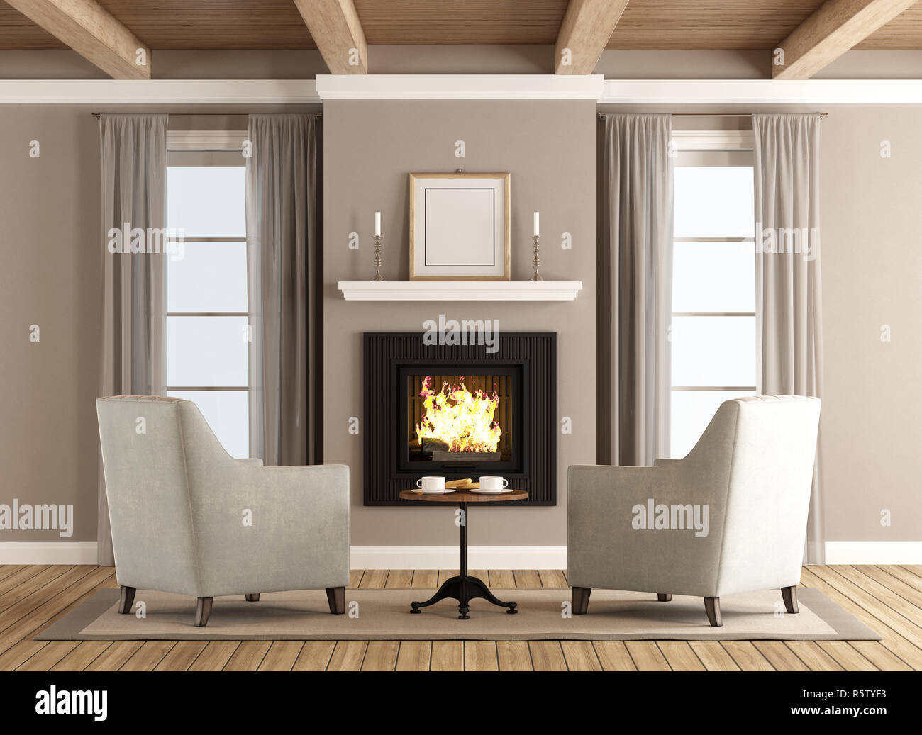 Classic living room with fireplace Stock Photo - Alamy