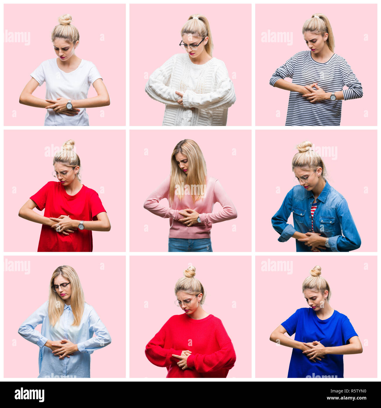 Collage of young beautiful blonde woman over pink isolated background ...