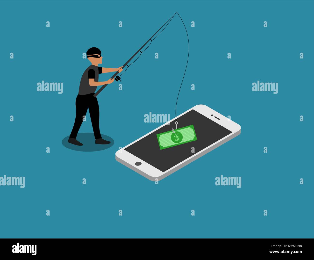 A cyber thief is stealing money with fishing rod from the smart phone ...