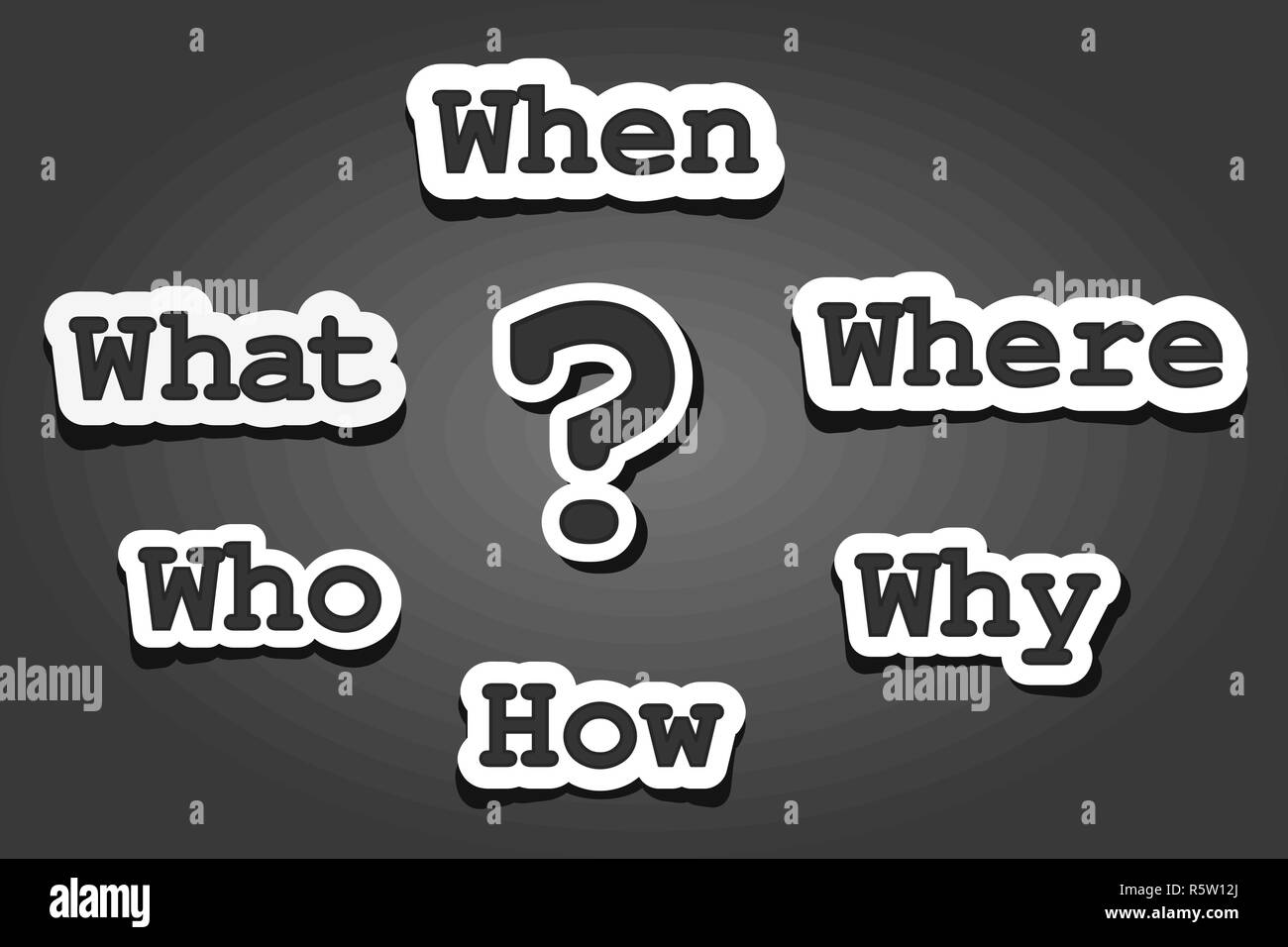 Vector illustration of question mark with questions: Who, what, where ...