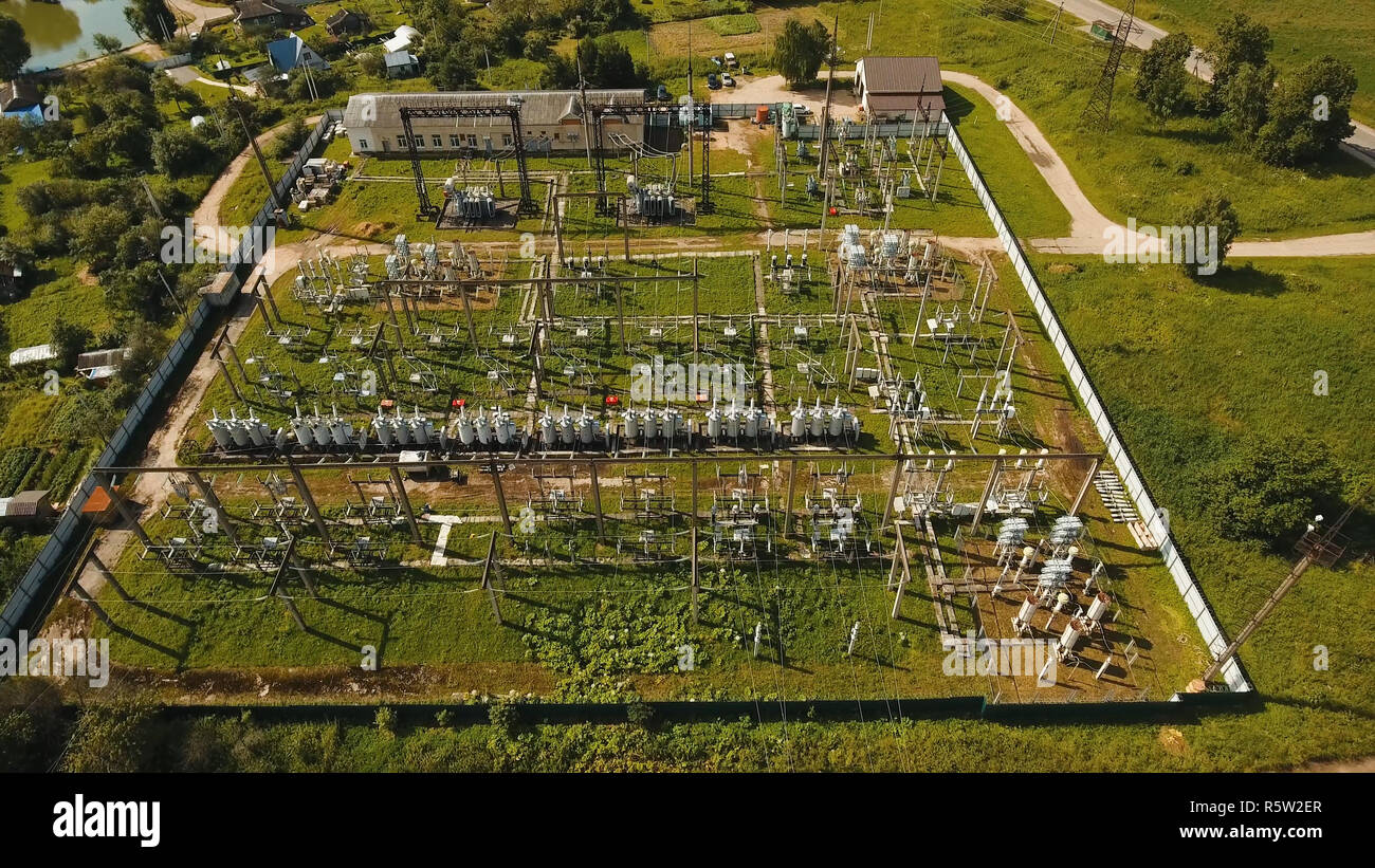 Aerial view Power plant, transformation station, cables and wires. High ...