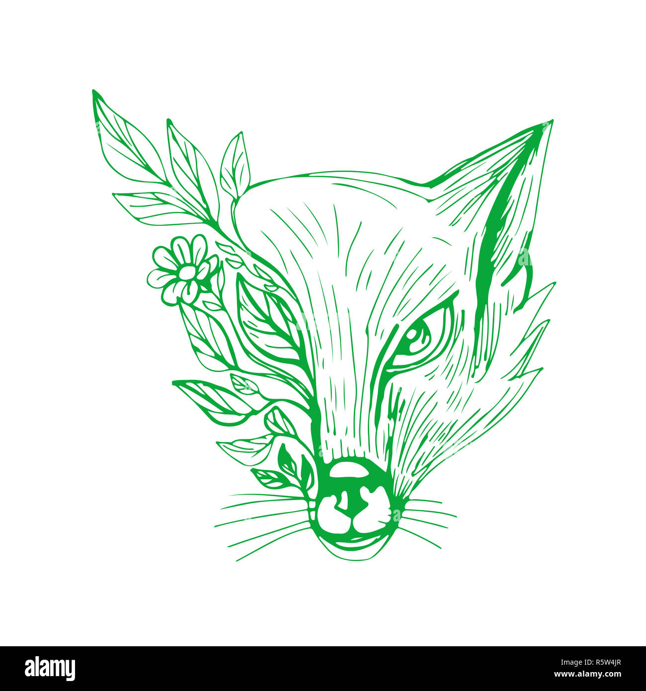 Fox Head With Flower and Leaves Drawing Stock Photo - Alamy