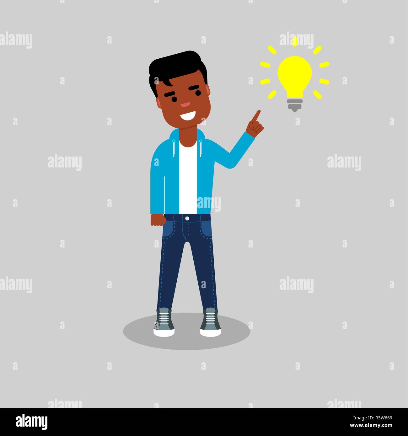 Young happy African American finger pointing at the symbol of an idea ...