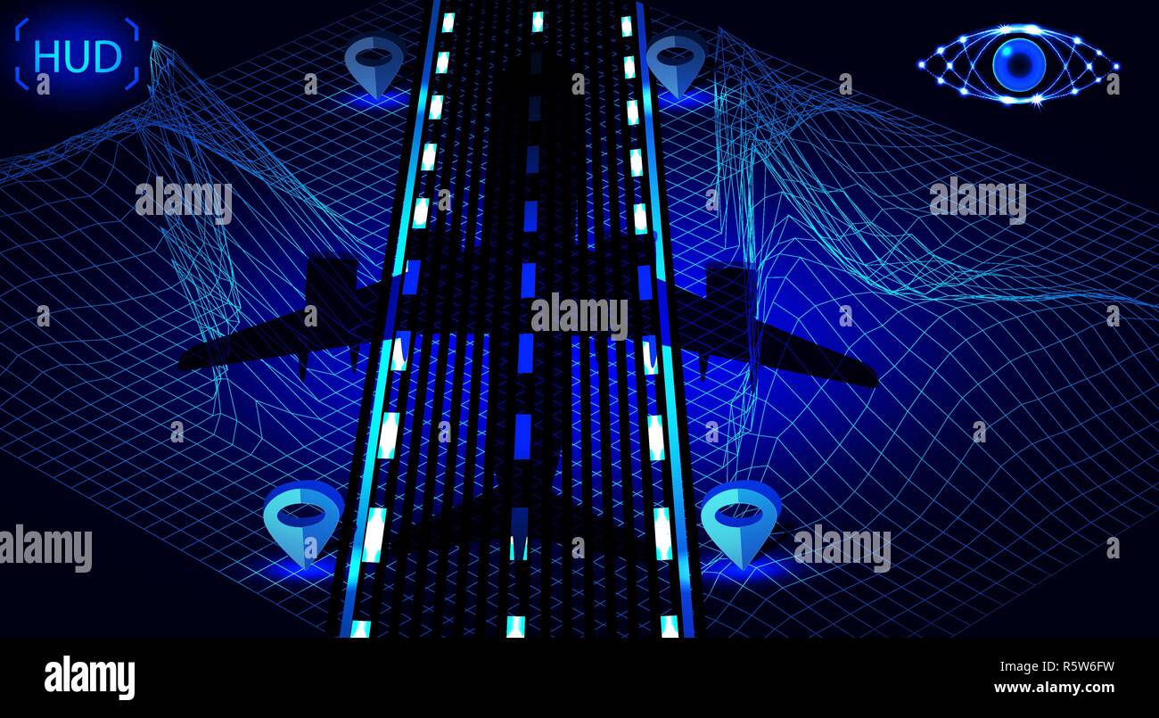 The shadow of the aircraft on the night runway. Frame Landscape. GPS ...