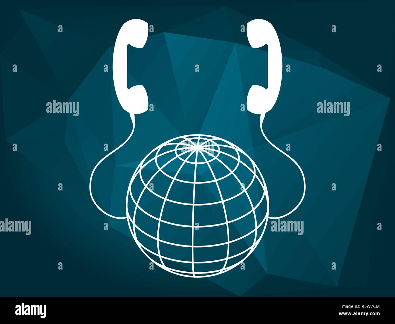 Two white retro phone receivers connected to a globe on a blue low poly ...