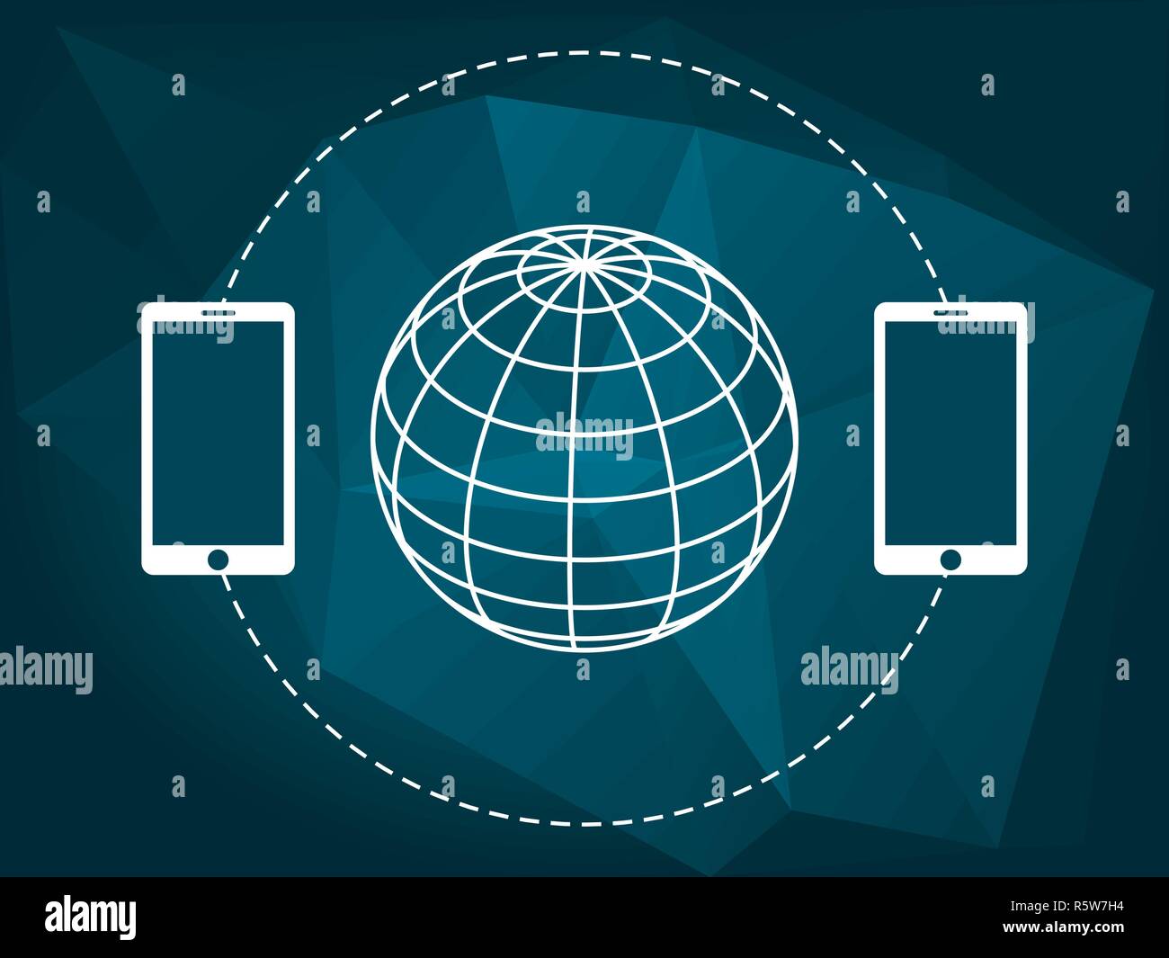 Two white cell phones communicate wireless around a globe on a blue low ...