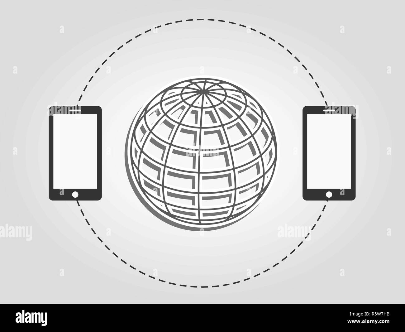 Two cell phones communicate wireless around a globe on a gray ...