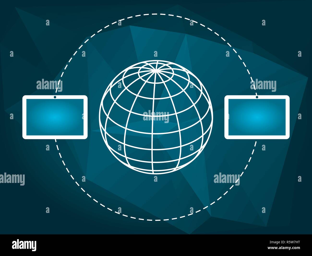 Two white tablets communicate wireless around a globe on a blue low ...