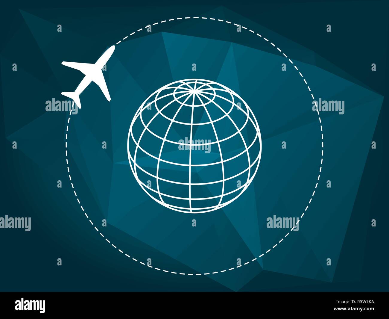 A white plane is flying around the globe represented as a wireframe ...