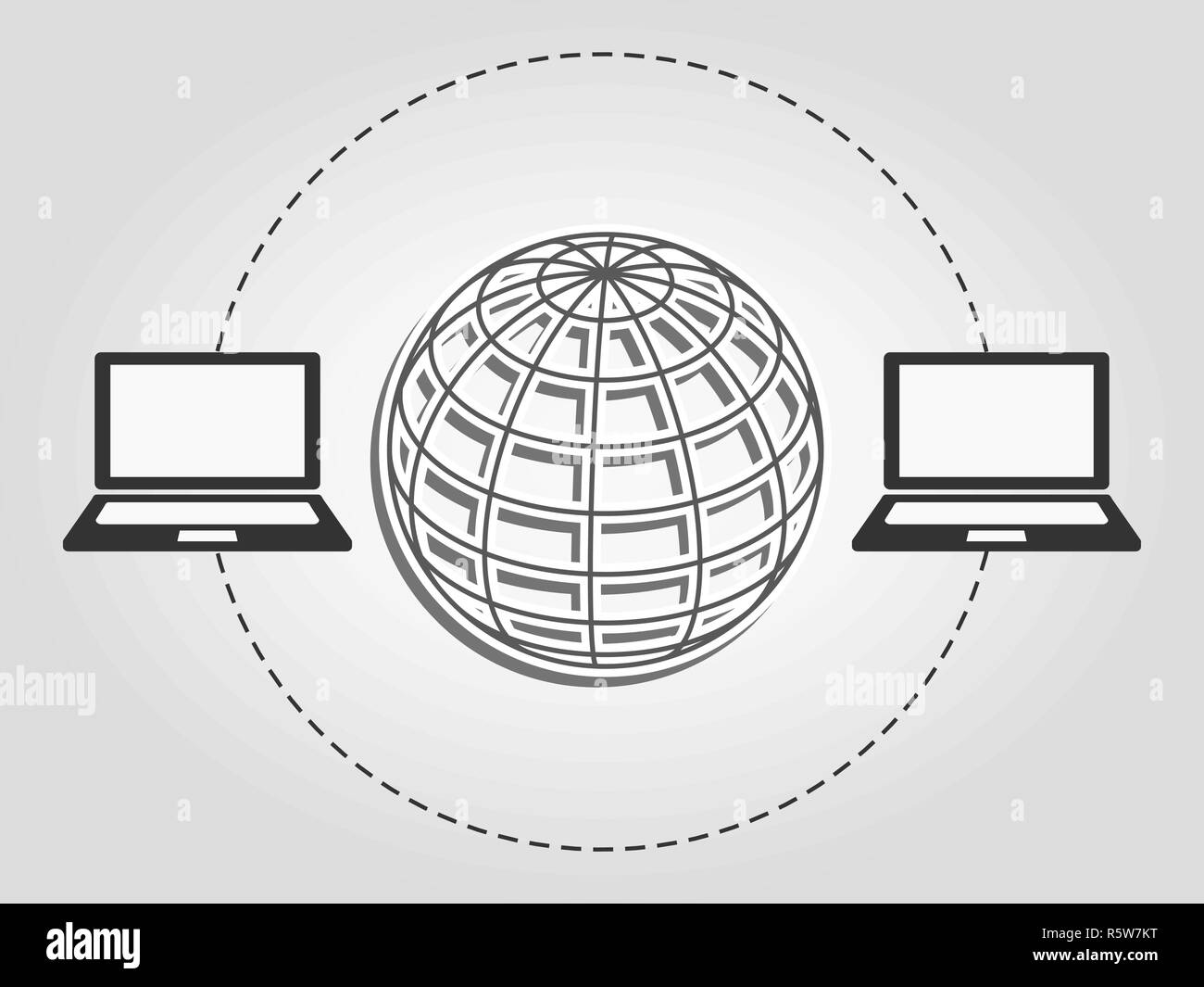 Two laptop computers communicate wireless around a globe on a subtle ...