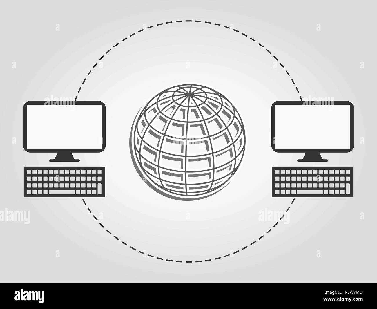 Two desktop computers communicate wireless around a globe on a gray ...